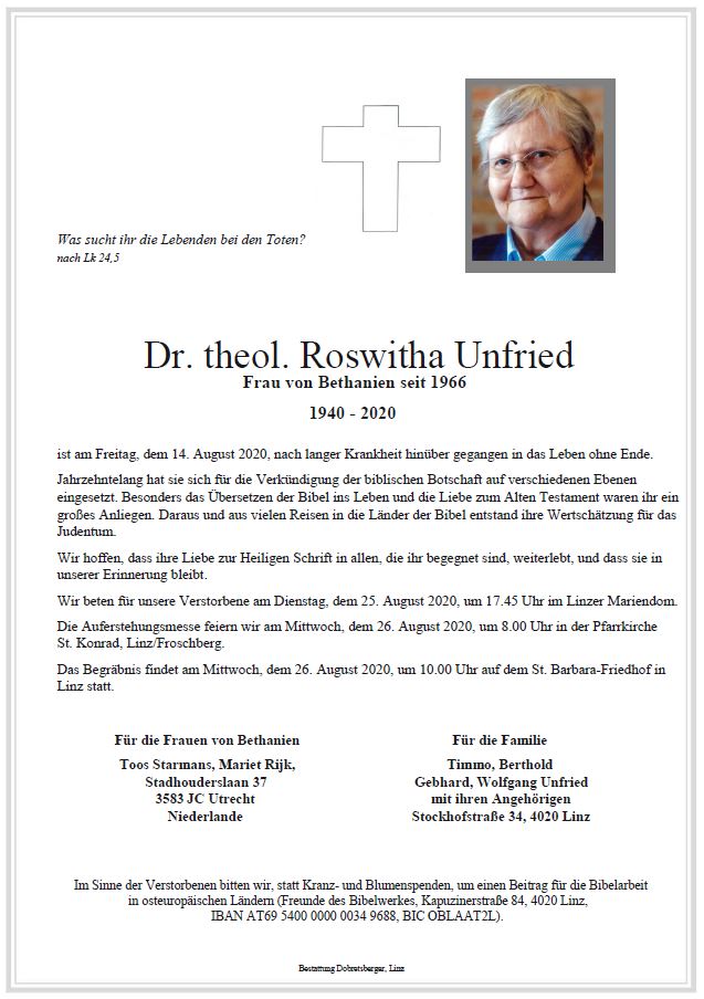 Bibelwissenschaftlerin Dr.in Roswitha Unfried verstorben