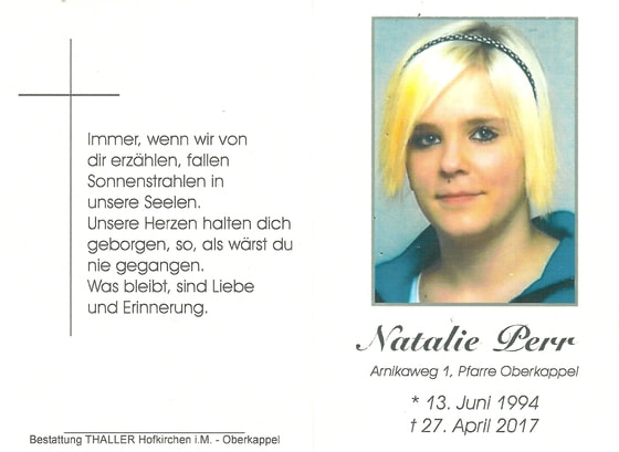 Sterbebild Frau Natalie Perr, Arnikaweg 1